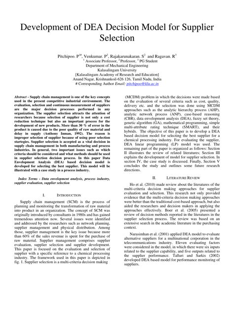 Pdf Development Of Dea Decision Model For Supplier Selection