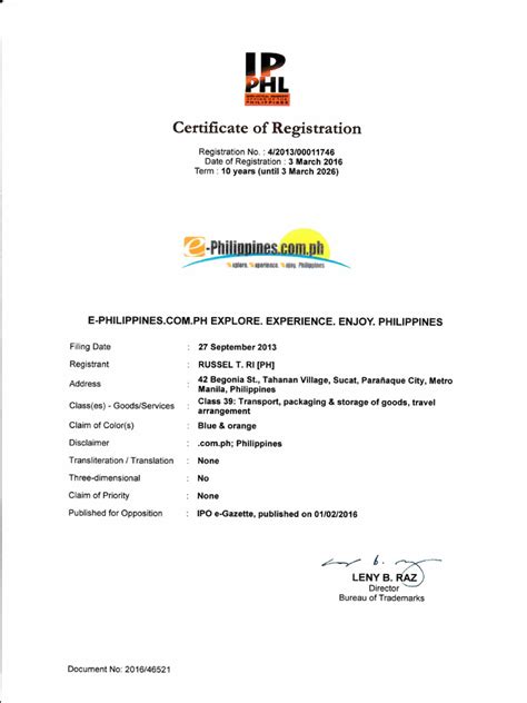Ipo Certificate Of Registration Ephil 2016 1 Pdf