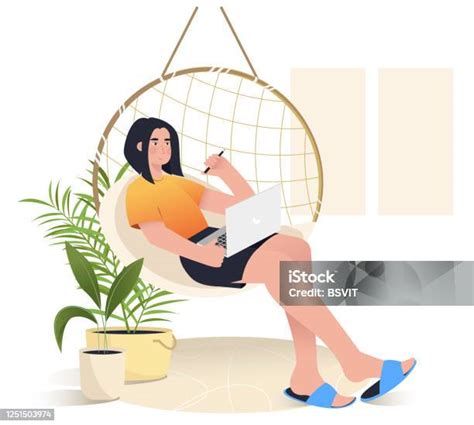 안락의자에 매달려 있는 노트북으로 일하는 프리랜서 여성 캐릭터 원격 작업 또는 학습 가정 개념에서 작업 현대 플랫 만화 벡터 일러스트 사람들에 대한 스톡 벡터 아트 및 기타