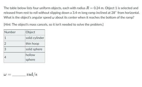 Solved The Table Below Lists Four Uniform Objects Each With