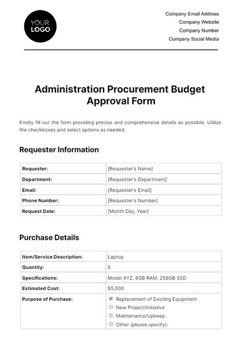 Free Administration Procurement Budget Approval Form Template To Edit Online