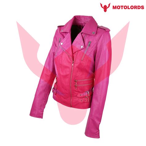 Womens Leather Pink Short Biker Jacket 2024 Motorcycle Riding
