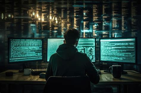 Premium Ai Image Back View Of Hacker In Hoodie Sitting At Table And Looking At Computer Screen