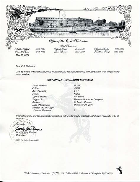 Colt Single Action Army Revolver With Colt Archives Letter Warpath