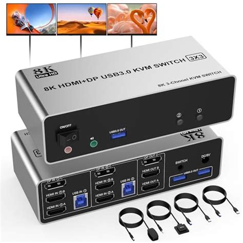 8K Displayport 2 HDMI KVM Switch 3 Monitors 2 Computers USB 3 0 8K