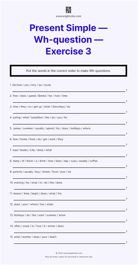 Present Simple Wh Question Exercise 3 Esl Worksheets