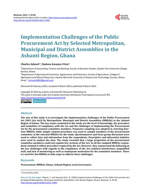 Pdf Implementation Challenges Of The Public Procurement Act By Selected Metropolitan