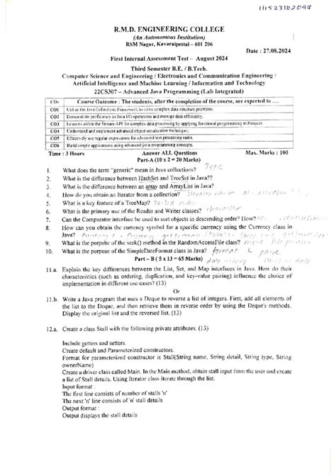 22cs307 Advanced Java Programming Internal Assessment Test August