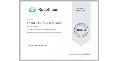Completion Certificate For Docker For Beginners With Hands On Labs Sarker Sunzid Mahmud