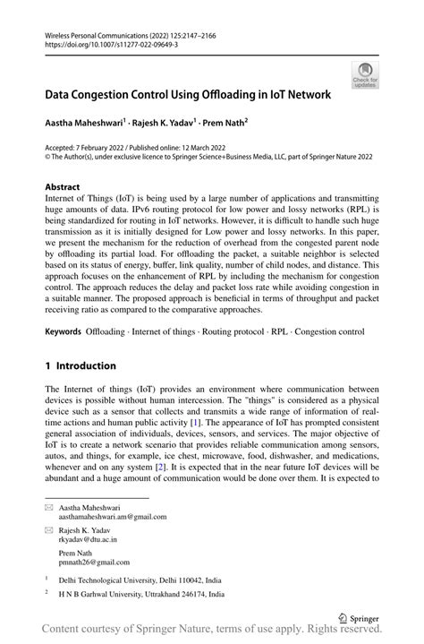 Data Congestion Control Using Offloading In Iot Network Request Pdf