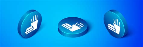 파란색 배경에 격리 판지 패키지 상자 아이콘에 아이소 메트릭 버거와 감자 튀김 햄버거 치즈 버거 샌드위치 패스트 푸드 파란색 원 버튼입니다 벡터 일러스트레이션 3차원 형태에