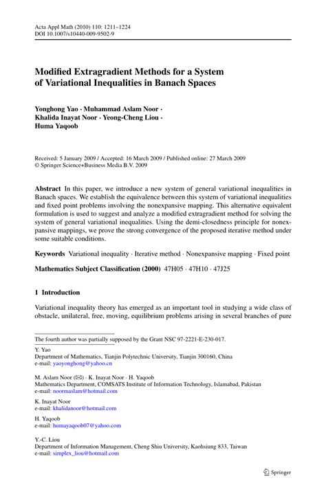 Pdf Modified Extragradient Methods For A System Of Variational Inequalities In Banach Spaces