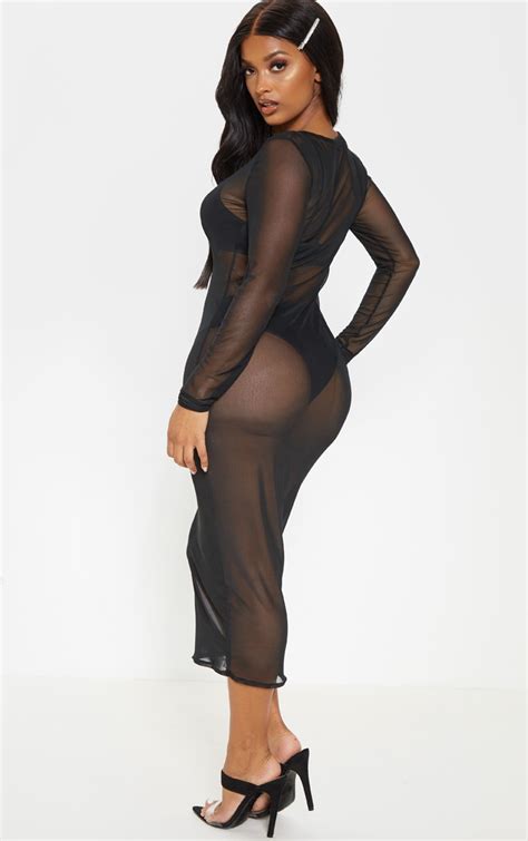 Shape Black Sheer Mesh Long Sleeve Midaxi Dress Prettylittlething Aus
