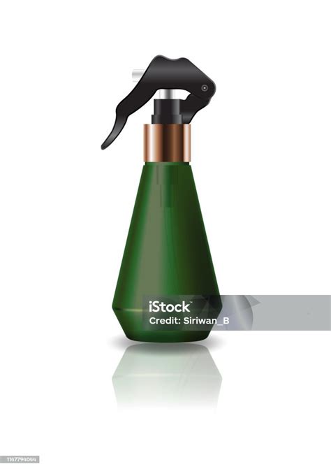 아름다움 또는 건강 한 제품을 위한 살포 머리를 가진 빈 녹색 원뿔 모양 화장 용 병 반사 그림자와 흰색 배경에 고립 패키지 디자인에 사용할 준비가 되었습니다 벡터