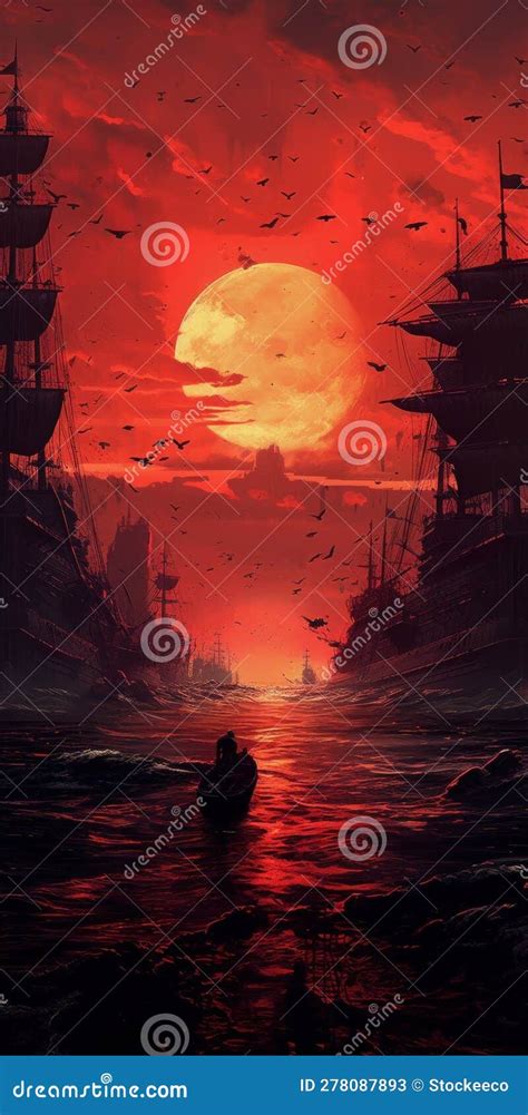 Detailed Illustration Of Post Apocalyptic Ocean With Red Sun Setting Stock Illustration