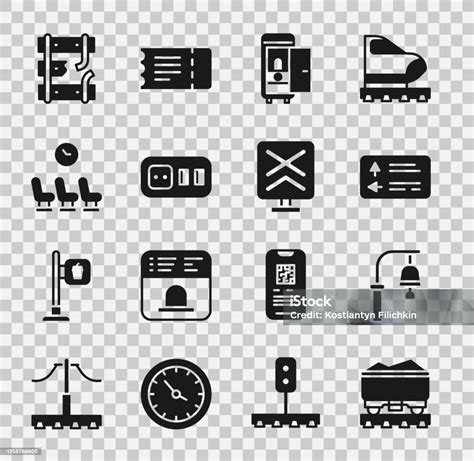 설정 석탄 기차 마차 기차역 벨 도로 교통 표지판 화장실 자동차 전기 콘센트 대기실 깨진 레일 철도 및 철도 횡단 아이콘 벡터 거리에 대한 스톡 벡터 아트 및 기타 이미지