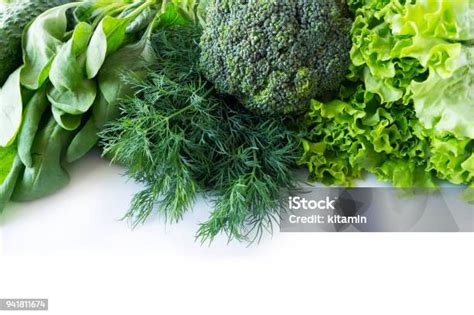 흰색 바탕에 녹색 야채입니다 시금치 브로콜리 딜 및 상 추입니다 텍스트 복사 공간 이미지의 테두리에서 녹색 채소 0명에 대한 스톡 사진 및 기타 이미지 Istock