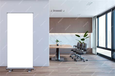 현대적인 나무와 대리석 회의실 사무실 인테리어 빈 ⁇ 모형 롤업 배너와 파노라마 창문 및 도시 전망 럭셔리 스타일 3d 렌더링 프리미엄 사진