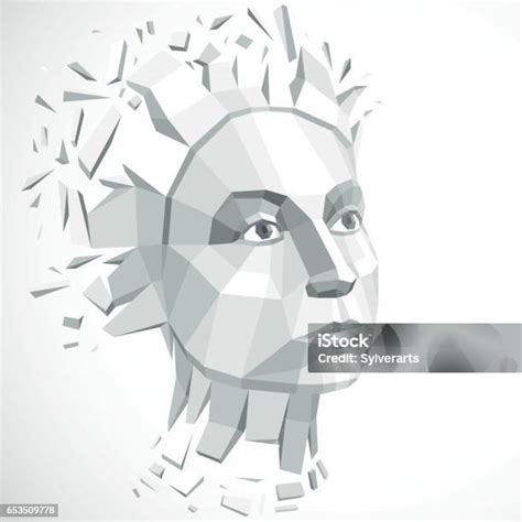 낮은 폴 리 스타일 3 차원 벡터 회색조 인간의 머리 두뇌를 상징 하는 지능과 상상력 폭발에서 만든 생각 여자의 얼굴 3차원 형태에 대한 스톡 벡터 아트 및 기타 이미지