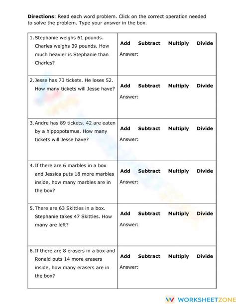 Single Step Word Problems Worksheet