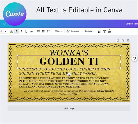 Editable Golden Ticket Printable Template Willy Wonka Party Supplies