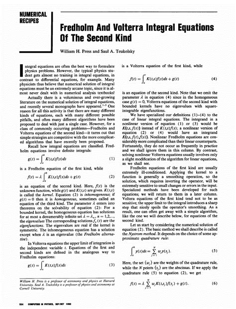 Fredholm And Volterra Integral Equations Of The Second Kind Computer In Physics Aip Publishing