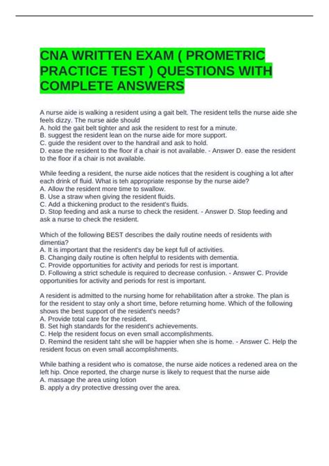 Cna Written Exam Prometric Practice Test Questions With Complete Answers Handl Prometric