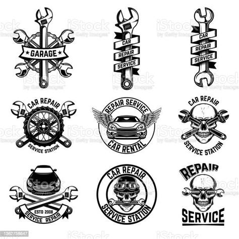 자동차 수리 엠블럼 세트 레이블 기호 배지에 대한 디자인 요소입니다 벡터 일러스트레이션 자동차 수리 공장에 대한 스톡 벡터 아트 및 기타 이미지 Istock