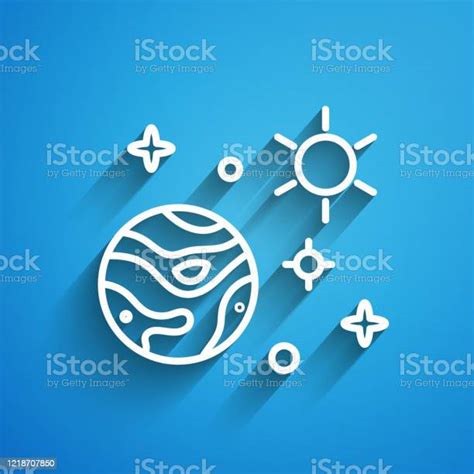 흰색 선 공간과 파란색 배경에 격리 된 행성 아이콘입니다 행성은 분화구 별과 혜성 표면 긴 그림자 벡터 일러스트레이션 0명에 대한 스톡 벡터 아트 및 기타 이미지 Istock