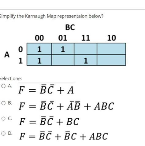 Simplify The Karnaugh Map Representaion Below B C A 1c00 1c01 11 10 1 1 1 1 Select One F B̅c̅