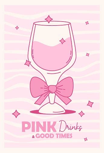 리본 리본이 달린 핑크 빈티지 코케트 글라스 음료 그루비 왜곡 된 줄무늬 배경에 미적 칵테일 로맨틱한 여성스러운 분위기 벡터 일러스트 레이 션 멋진 동기 부여 인용문