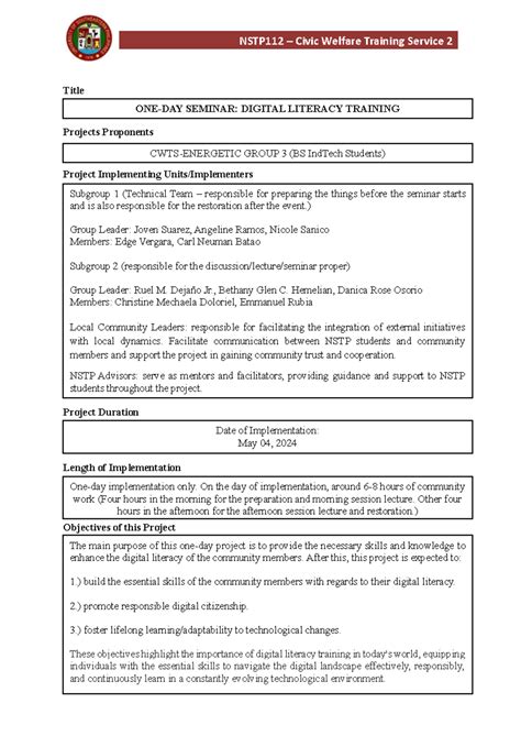 Cwts Project Proposal Example Title Projects Proponents Project Implementing Units