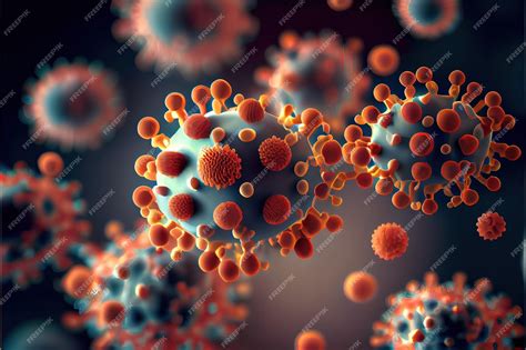 질병 호흡기 바이러스 독감 발생 3d 의료 일러스트레이션 떠다니는 인플루엔자 바이러스 세포의 현미경 보기 신경망 생성 예술 실제 장면이나 패턴을 기반으로 하지 않음