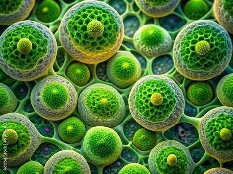 Vibrant Green Plant Cells With Intricate Structures And Membranes Magnified Under A Microscope