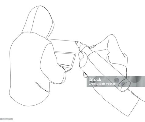 펠트 팁 펜으로 그려진 컴퓨터 해커의 연속 라인 가는 선 그림 벡터 개념입니다 등고선 그리기 창의적인 아이디어 검은색에 대한 스톡 벡터 아트 및 기타 이미지 Istock