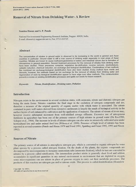 Pdf Removal Of Nitrate From Drinking Water A Review