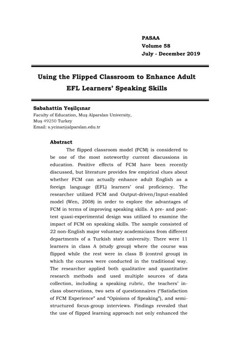Pdf Using The Flipped Classroom To Enhance Adult Efl Learners Speaking Skills