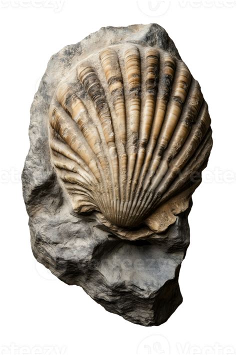 Fossilized Ridged Seashell Embedded In Stone On Isolated Background