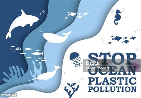 종이 컷 스타일의 해양 플라스틱 오염 배너를 중지하십시오 해양 생물과 물고기가 바다에 떠 있습니다 0명에 대한 스톡 벡터 아트 및 기타 이미지 Istock