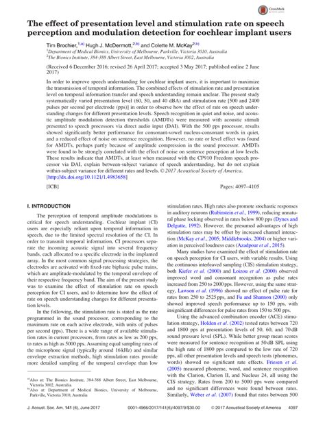 Pdf The Effect Of Presentation Level And Stimulation Rate On Speech Perception And Modulation