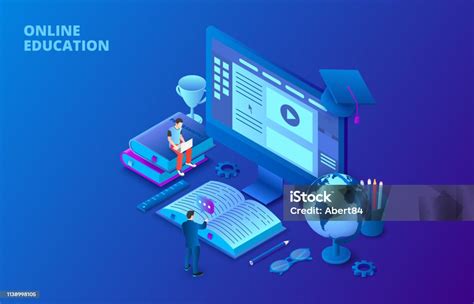 컴퓨터 서적 및 사람들과 온라인 교육 디자인 개념입니다 아이소메트릭 벡터 일러스트입니다 웹에 대 한 랜딩 페이지 템플릿입니다 3차원 형태에 대한 스톡 벡터 아트 및 기타