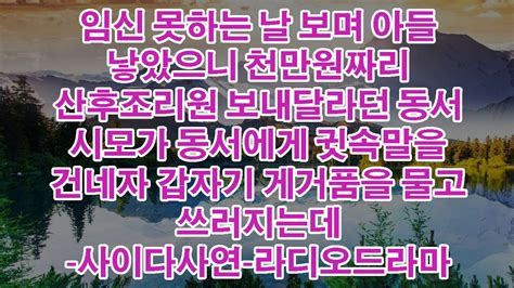 반전 사연 임신 못하는 날 보며 아들 낳았으니 천만원짜리 산후조리원 보내달라던 동서 시모가 동서에게 귓속말을 건네자 갑자기 게거품을 물고 쓰러지는데 사이다사연 라디오드라마