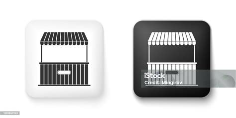 흰색 배경에 고립 된 차양과 나무 랙 아이콘과 검은 색과 흰색 거리 포장 마차 나무 선반 키오스크 정사각형 버튼입니다 벡터 거리에 대한 스톡 벡터 아트 및 기타 이미지