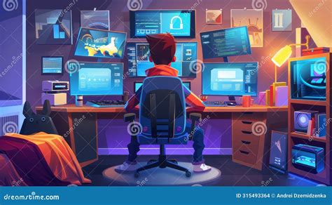 Gamer Programmer Hacker Trader Teenager Bedroom With Multiple Computer Monitors An Unmade