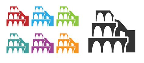 로마의 블랙 콜로세움 흰색 배경에 고립 된 이탈리아 아이콘 콜로세움 기호 고대 로마의 상징 검투사 싸움 다채로운 아이콘을 설정합니다 벡터 Brand Name Online