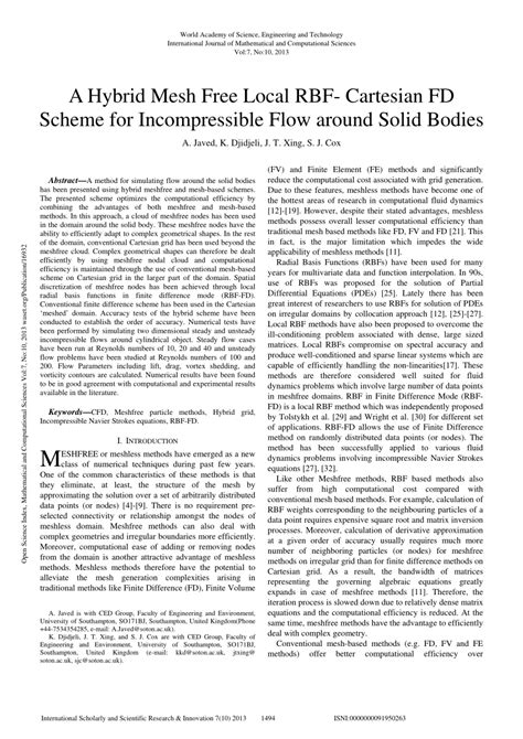 Pdf A Hybrid Mesh Free Local Rbf Cartesian Fd Scheme For Incompressible Flow Around Solid Bodies