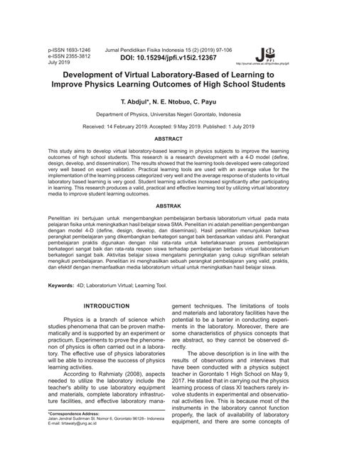 Pdf Development Of Virtual Laboratory Based Of Learning To Improve Physics Learning Outcomes