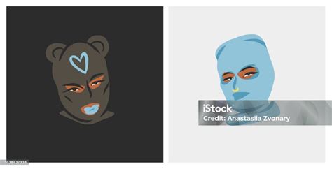 손으로 그린 추상 벡터 그래픽 클립아트 삽화 컬렉션은 발라클라바에 산적 소녀와 함께 설정됩니다 트렌디한 현대 여성 디자인 컨셉 벡터 여자 패션 초상화 현대 미술 뷰티 모델