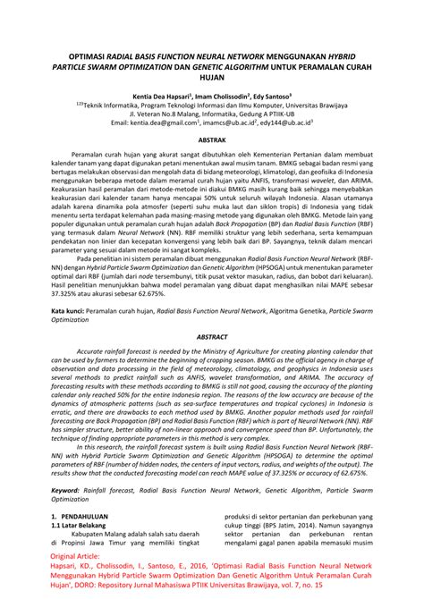 Pdf Optimasi Radial Basis Function Neural Network Menggunakan Hybrid