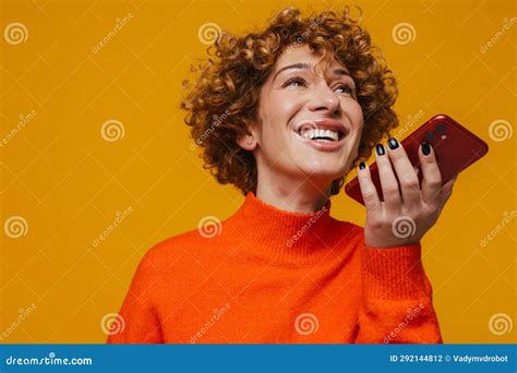 Cheerful Woman Sending Voice Message Using Smartphone Isolated Stock